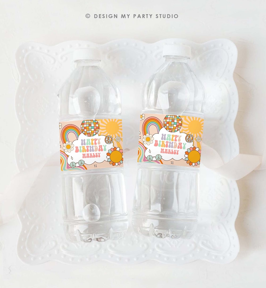 Editable Retro Groovy Water Bottle Label Boy Boho Hippie 70's Party ...