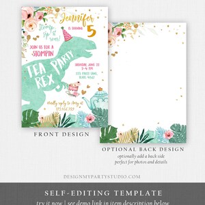 Editable Dinosaur Tea Party Invitation Tea Rex Birthday Par-tea Pink ...