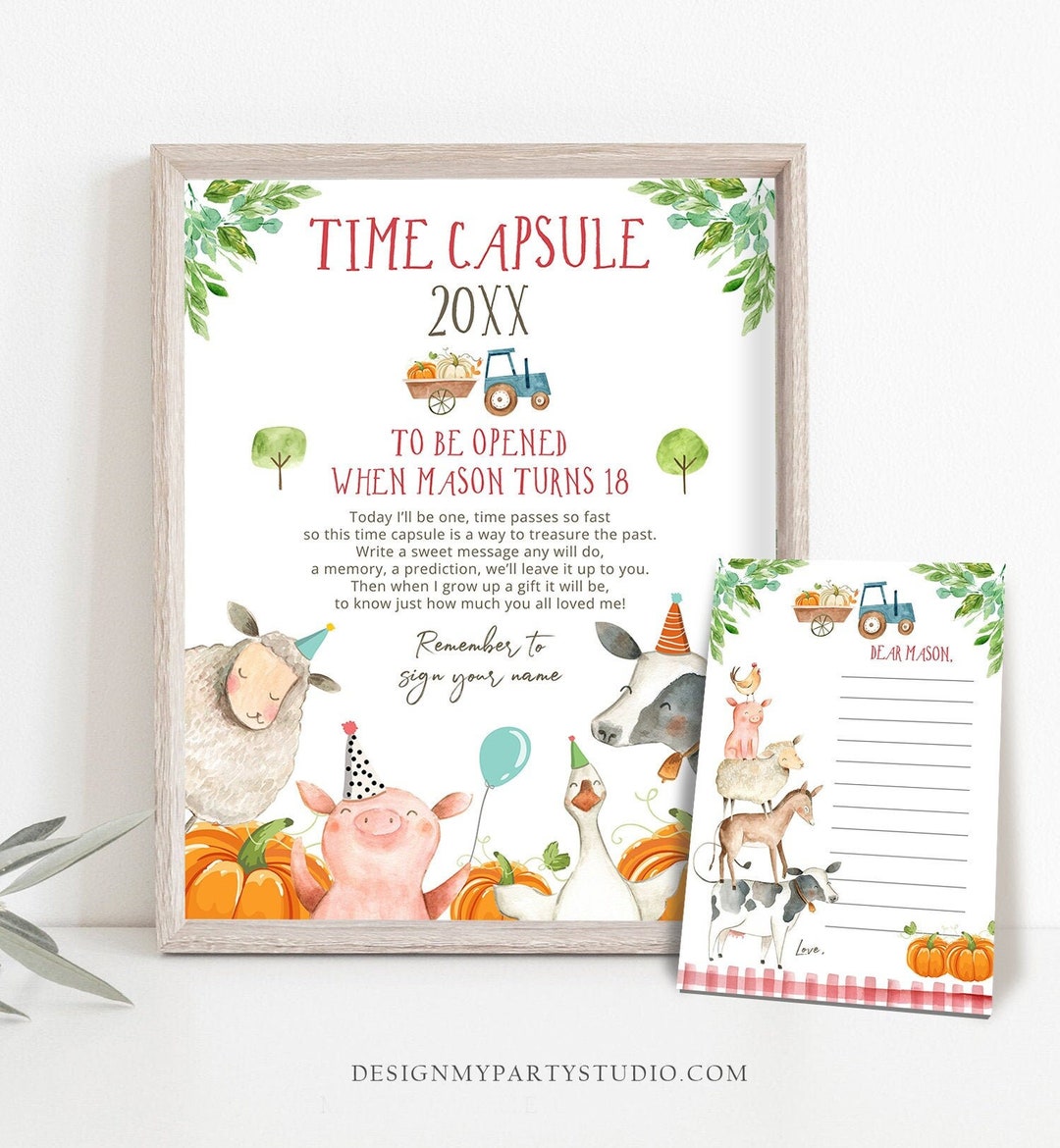 Editable Farm Animals Birthday Time Capsule First Birthday Pumpkin Fall ...