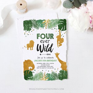 Editable Fourever Wild Birthday Invitation Safari Animals Party Gold ...