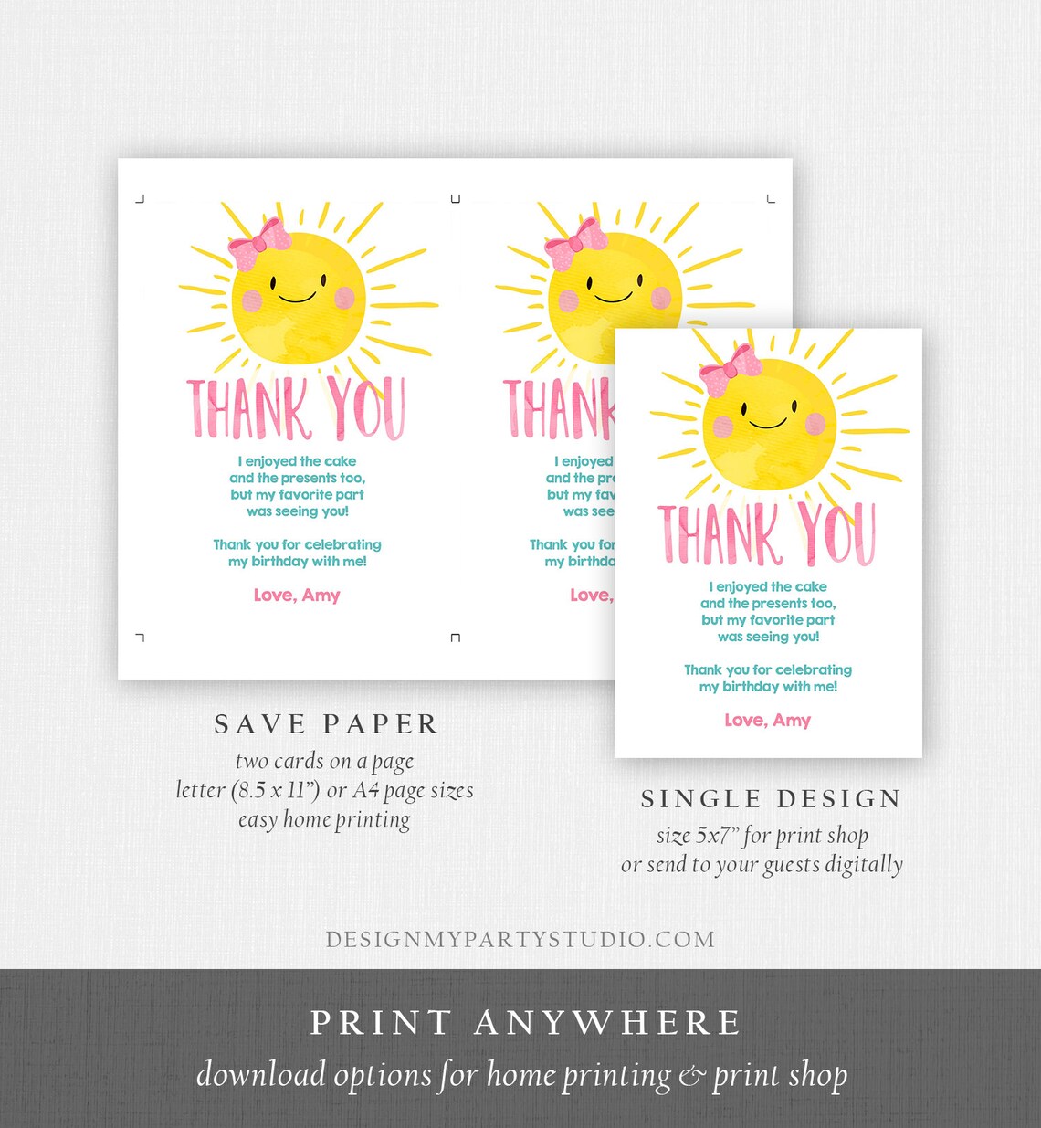 Editable Little Sunshine Thank You Card Birthday Party Pink | Etsy