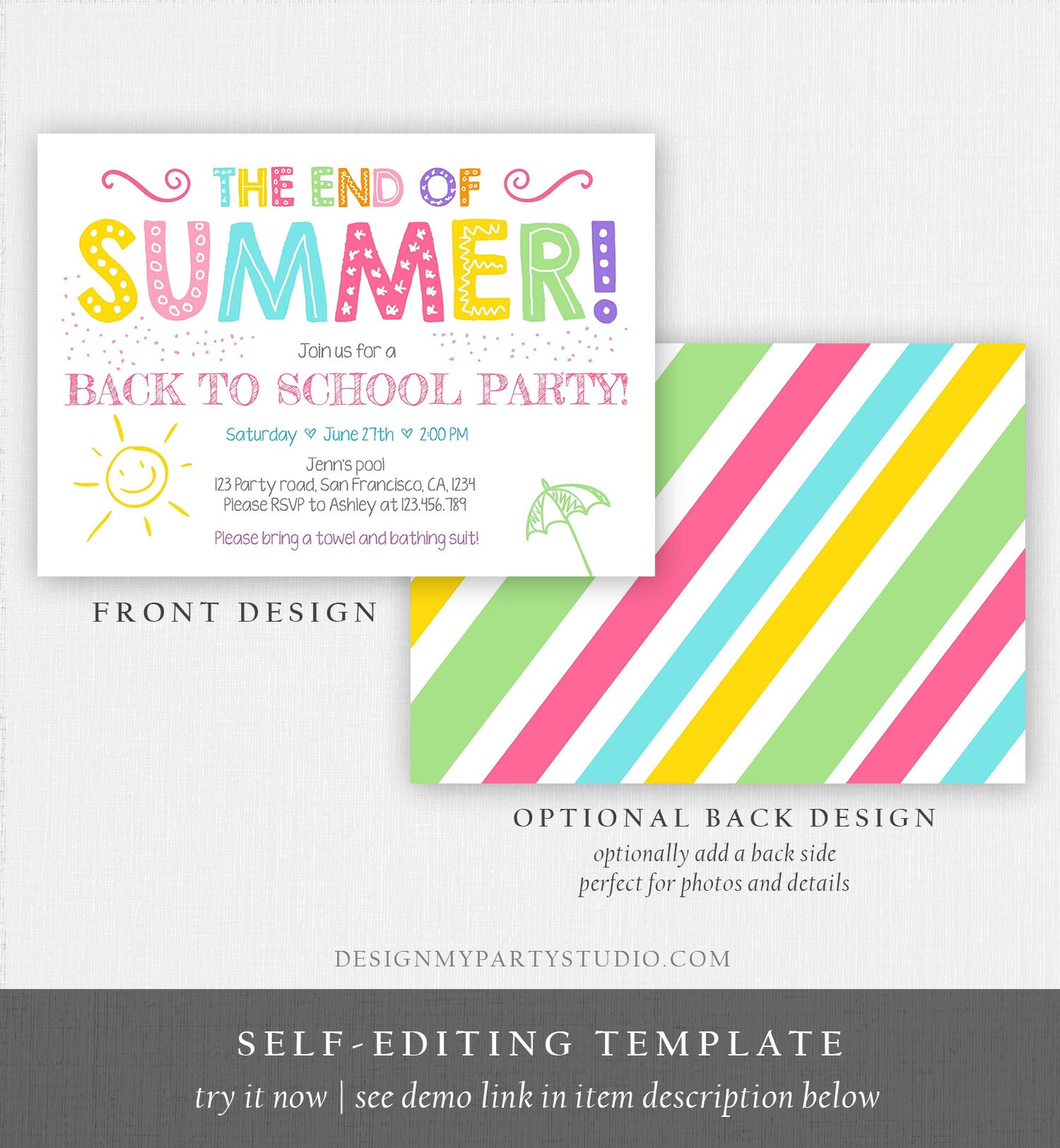 Editable End of the Summer Pool Party Invitation Back to | Etsy