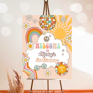 Editable Groovy Birthday Welcome Sign Floral Boho Birthday Welcome Sign ...