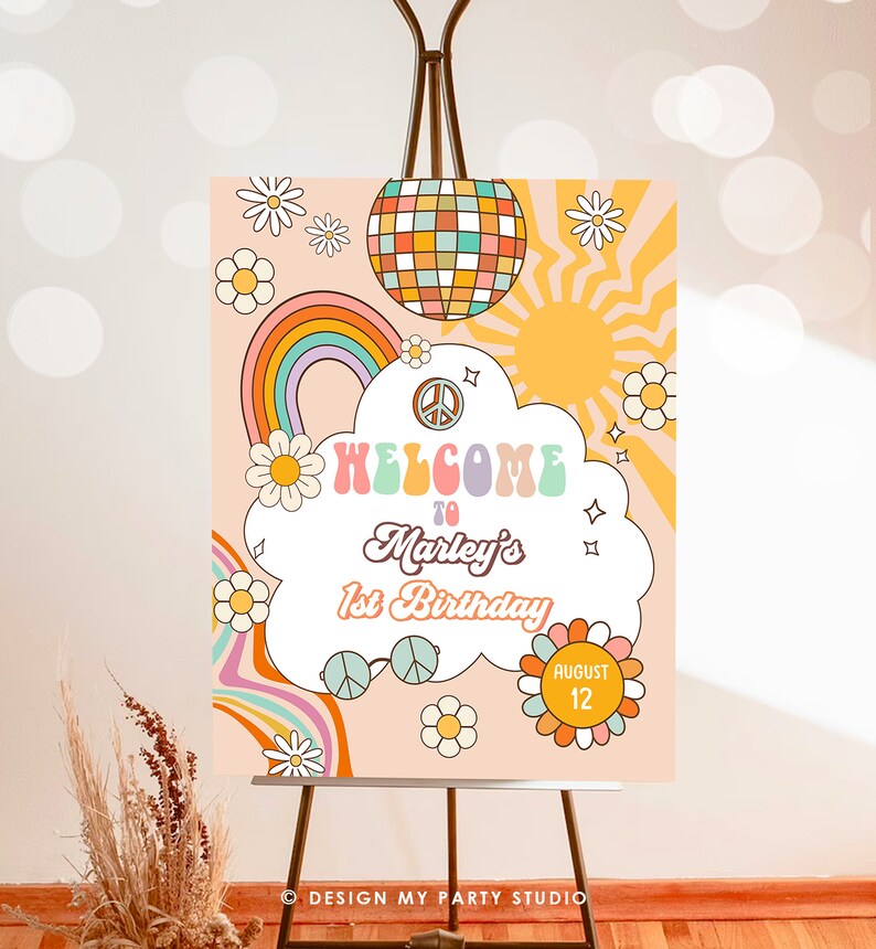 Editable Groovy Birthday Welcome Sign Floral Boho Birthday Welcome Sign ...