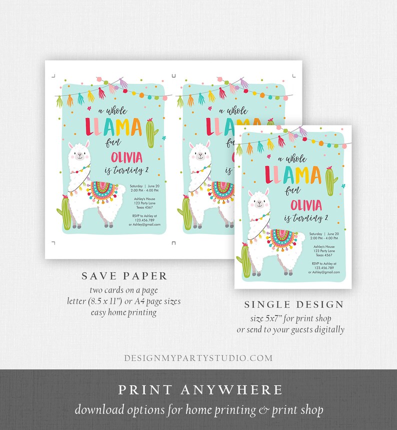 Editable Whole Llama Fun Birthday Invitation Fiesta Mexican Cactus ...