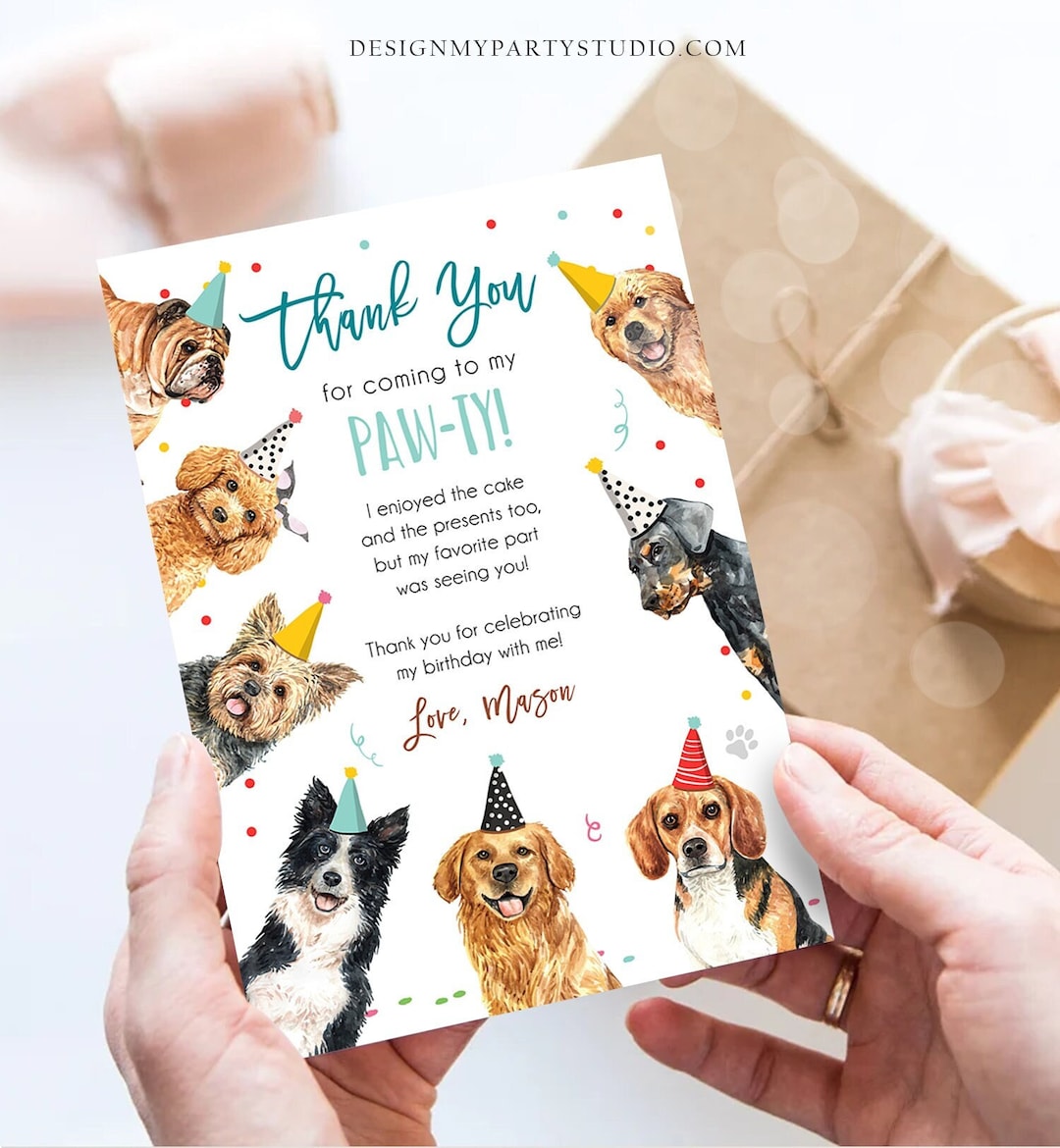 Editable Dog Birthday Thank You Card Puppy Birthday Boy Blue Pawty ...