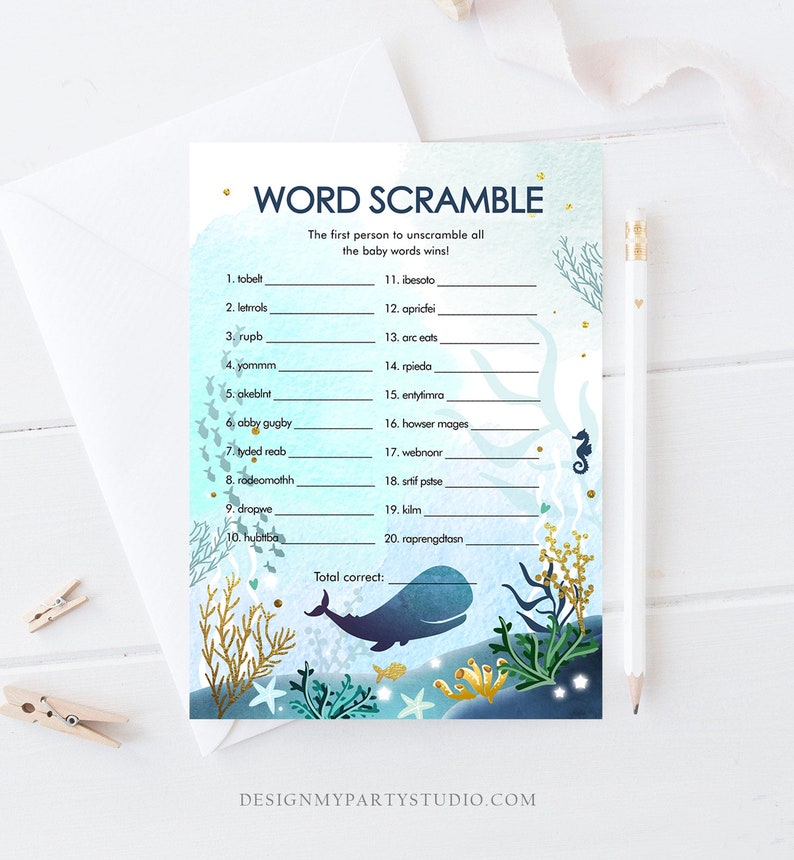Editable Word Scramble Game Whale Nautical Baby Shower Search - Etsy