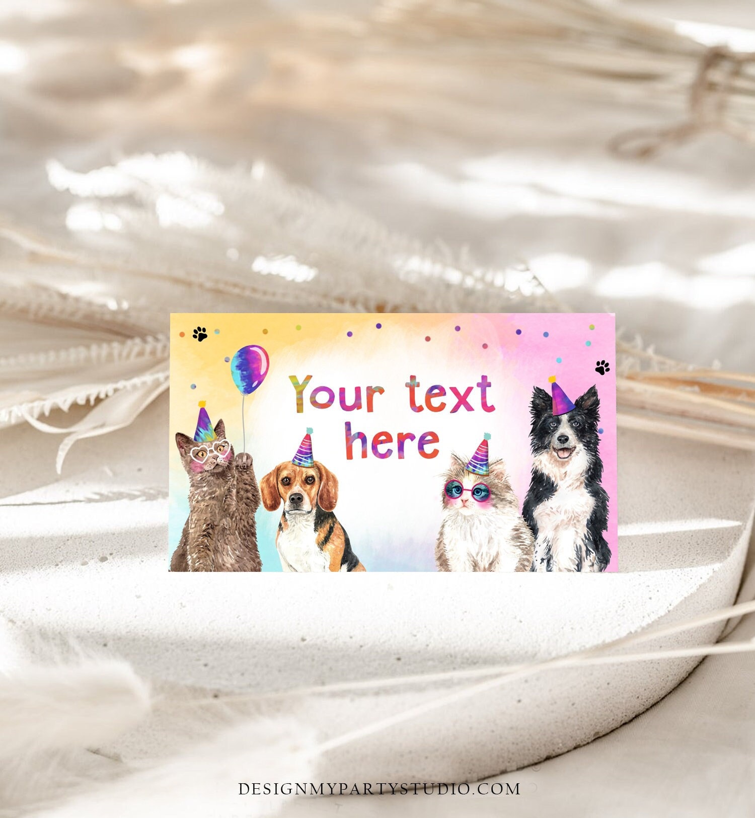 Editable Cats and Dogs Food Labels Kitten Birthday Place Card Tent Card ...