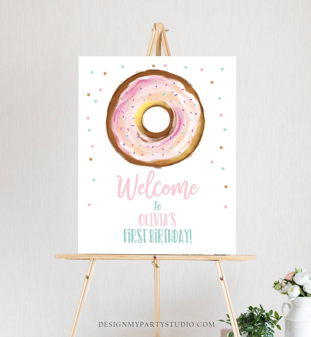 Editable Donut Welcome Sign Donut Birthday Party Pink Girl Doughnut ...