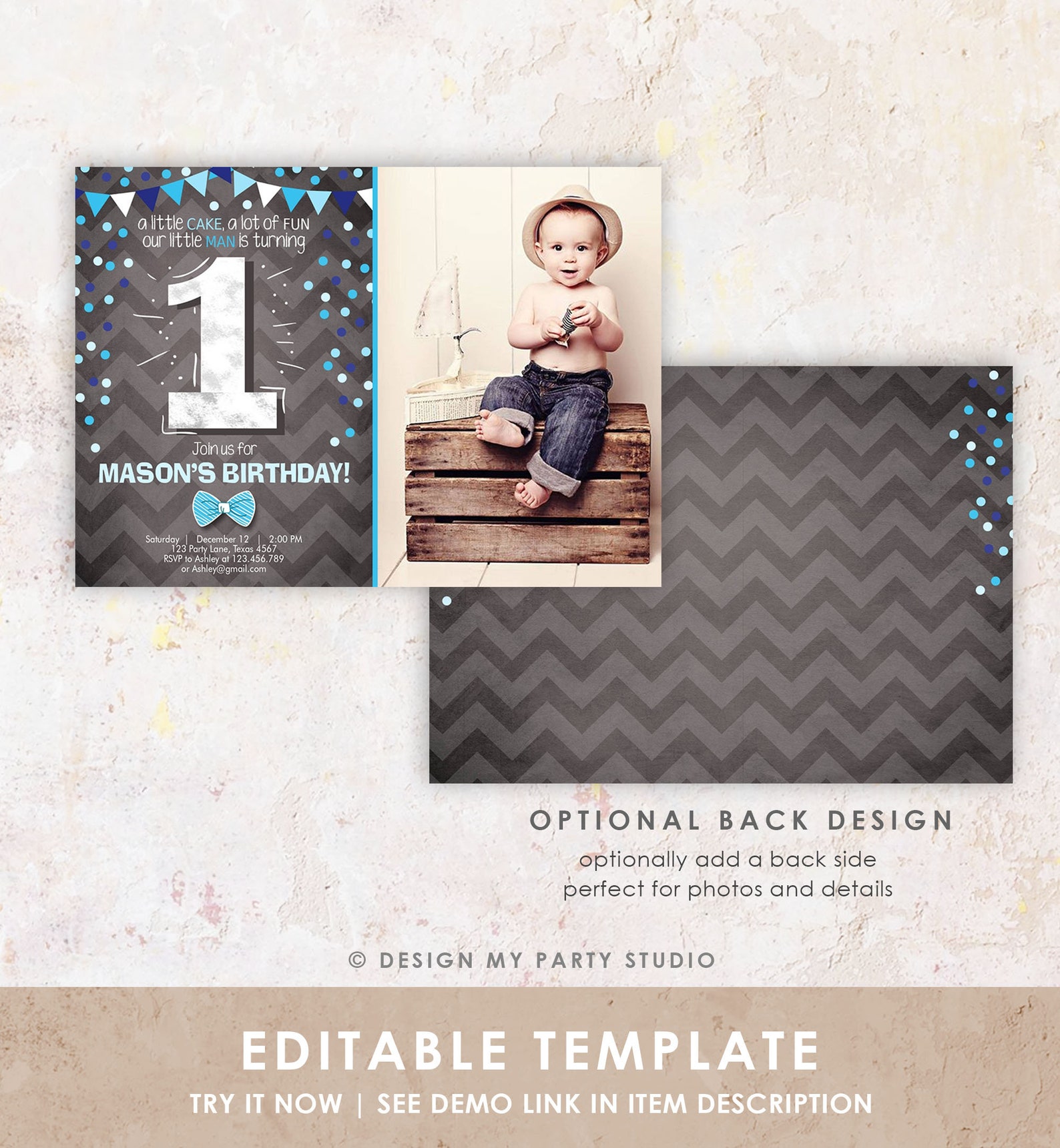 Editable First Birthday Invitation Boy One Navy Blue Chalk Confetti Boy ...