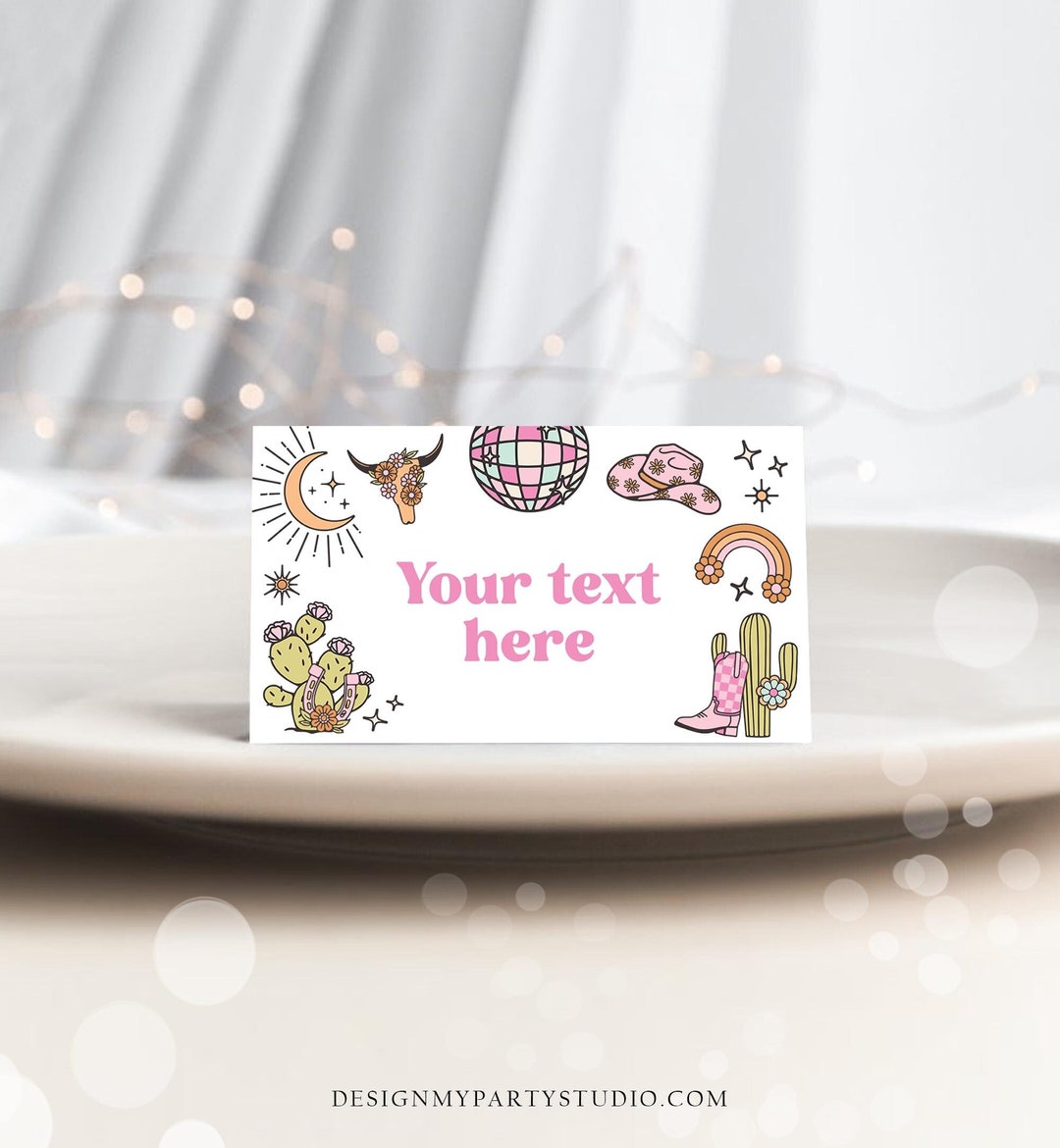 Editable Retro Cowgirl Food Labels Disco Birthday Food Card Tent Girl ...