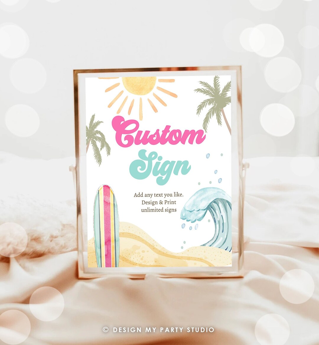 Editable Custom Sign Surf Birthday Party Sign Girl the Big One Surfing ...