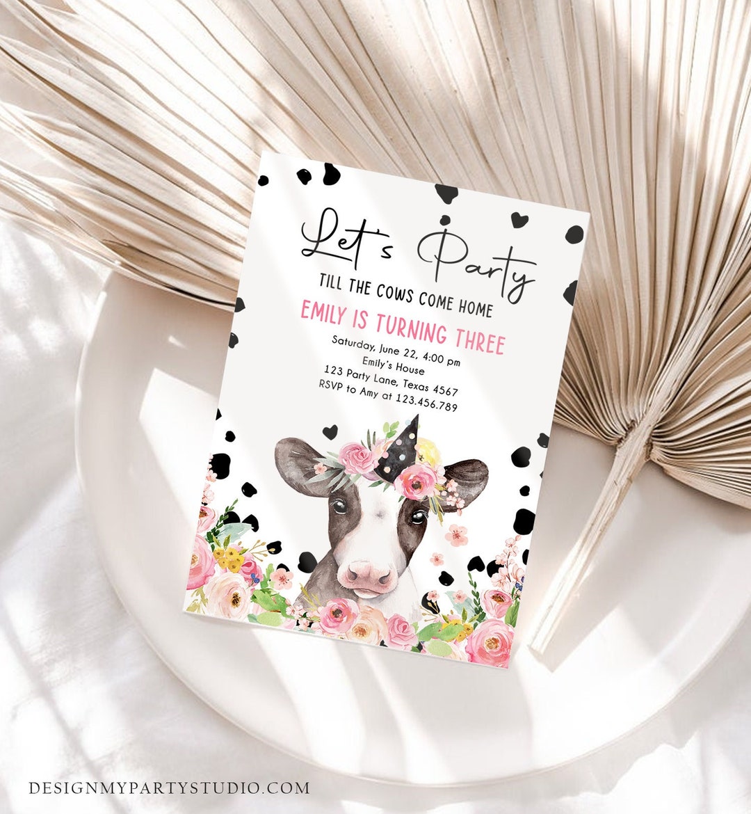 Editable Cow Birthday Invitation Girl Farm Animals Let's Party Till The ...