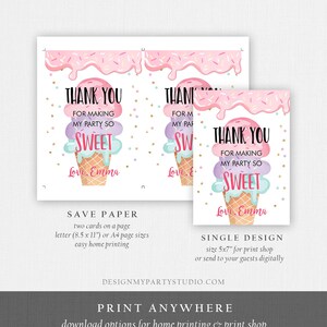 Editable Ice Cream Thank You Card Ice Cream Birthday Thank You Note ...