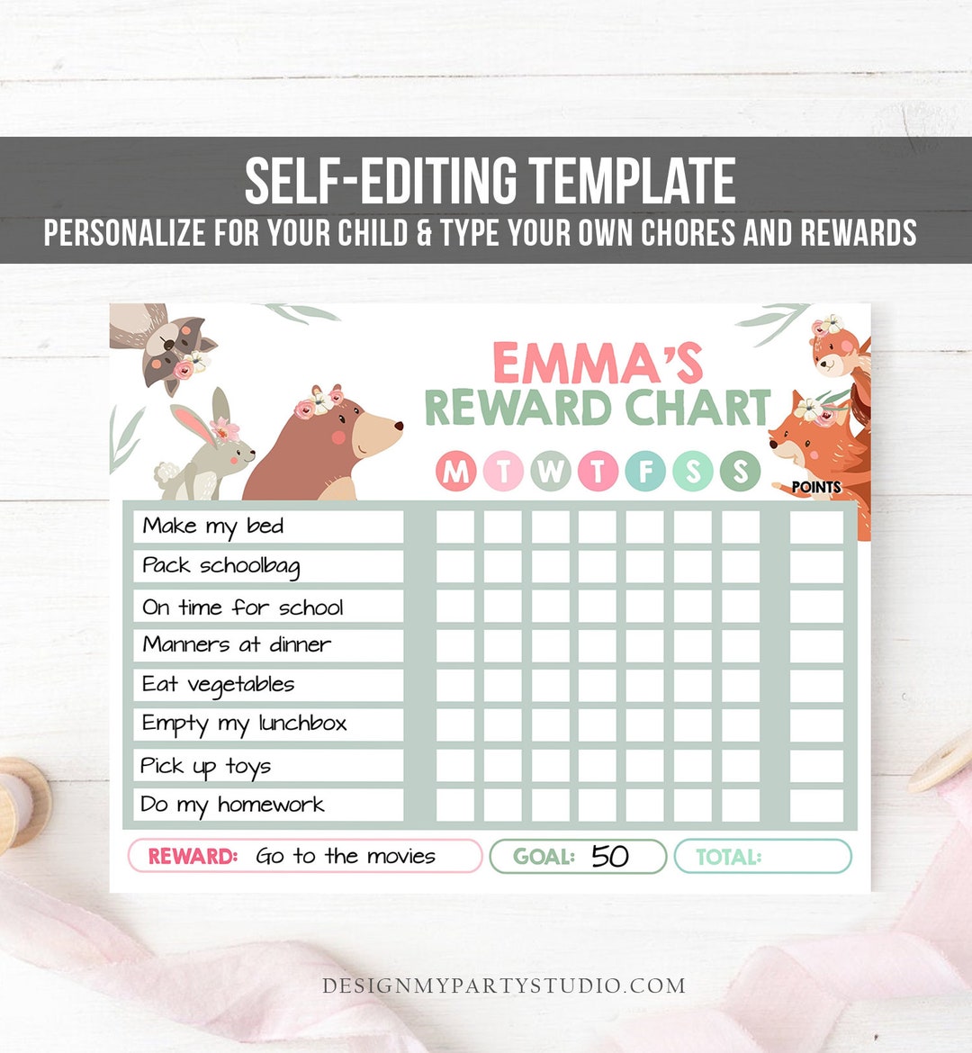 Editable Woodland Animals Reward Chart Chore Chart for Kids - Etsy