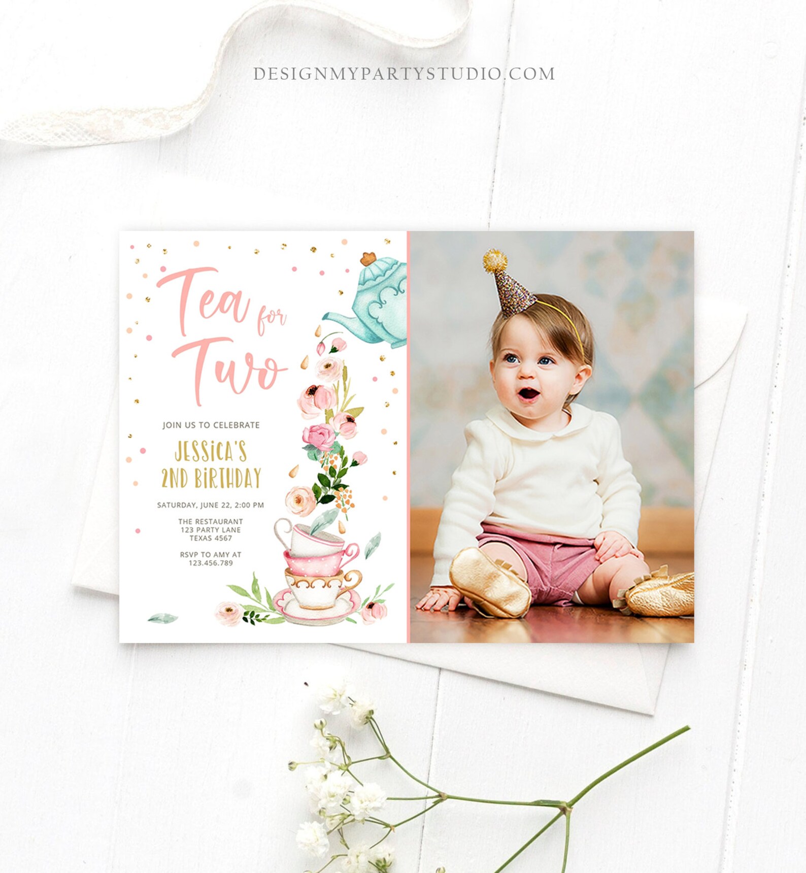Editable Tea for Two Birthday Invitation Girl Tea Party Invite | Etsy