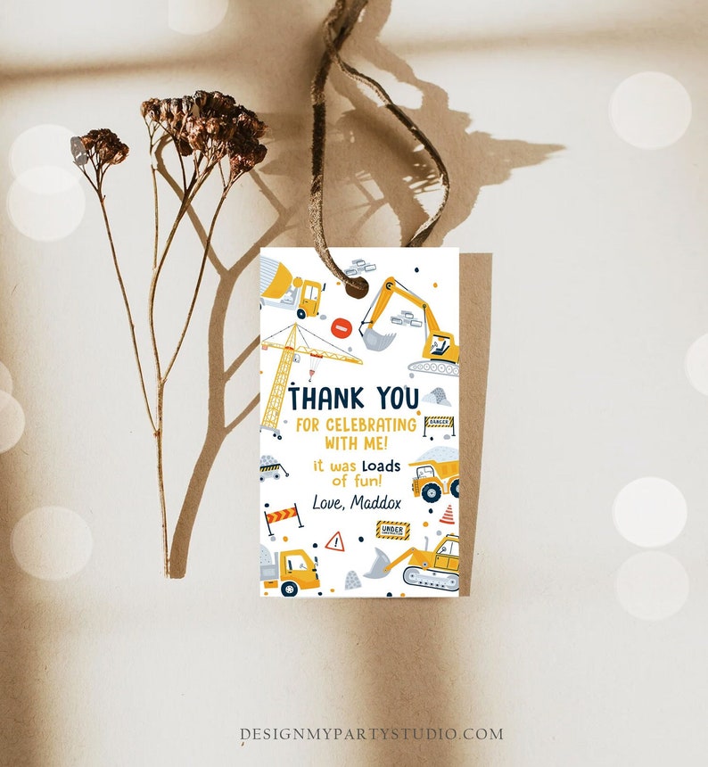 Editable Construction Thank You Tags Construction Birthday - Etsy