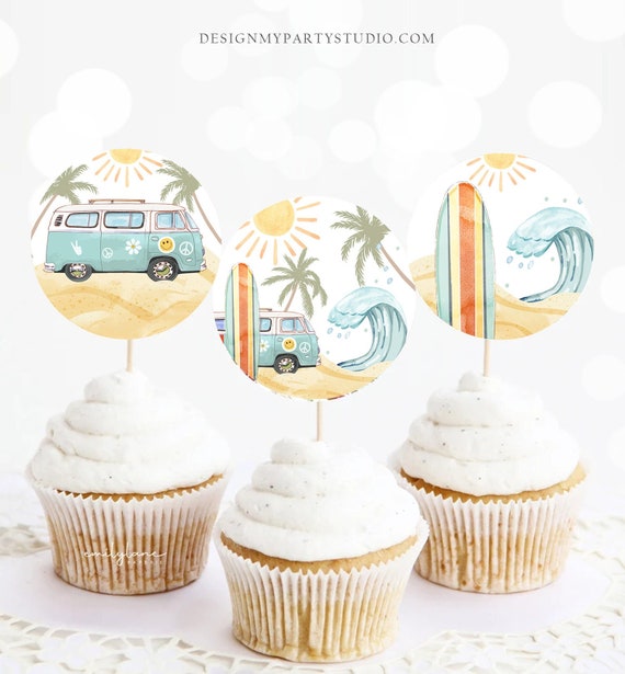 Surf Cupcake Toppers Favor Tags Boy The Big One Surf 1st Birthday Party ...