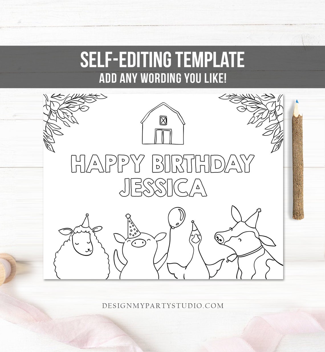 Editable Coloring Page Farm Animals Birthday Party Activity - Etsy