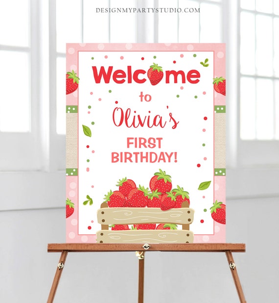 Editable Strawberry Welcome Sign Strawberry Birthday Party Welcome ...