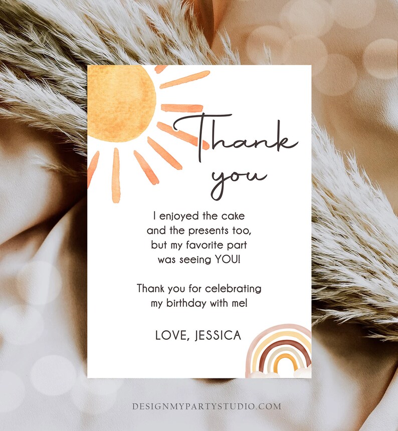 Editable Sun Thank You Card Sun Birthday Party Thank You Note - Etsy