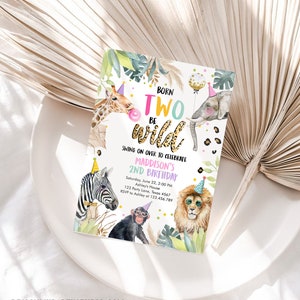 Editable Birthday Invitation Girl Born Two Be Wild Party Animals Invite ...