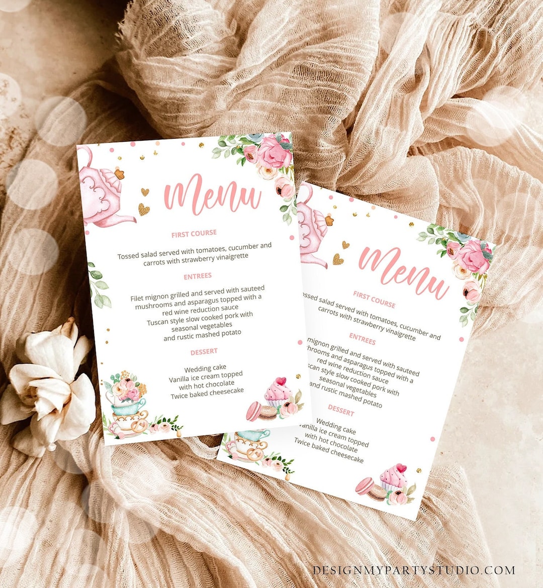 Editable Floral Tea Menu Card Tea Birthday Pink Gold Confetti Floral ...