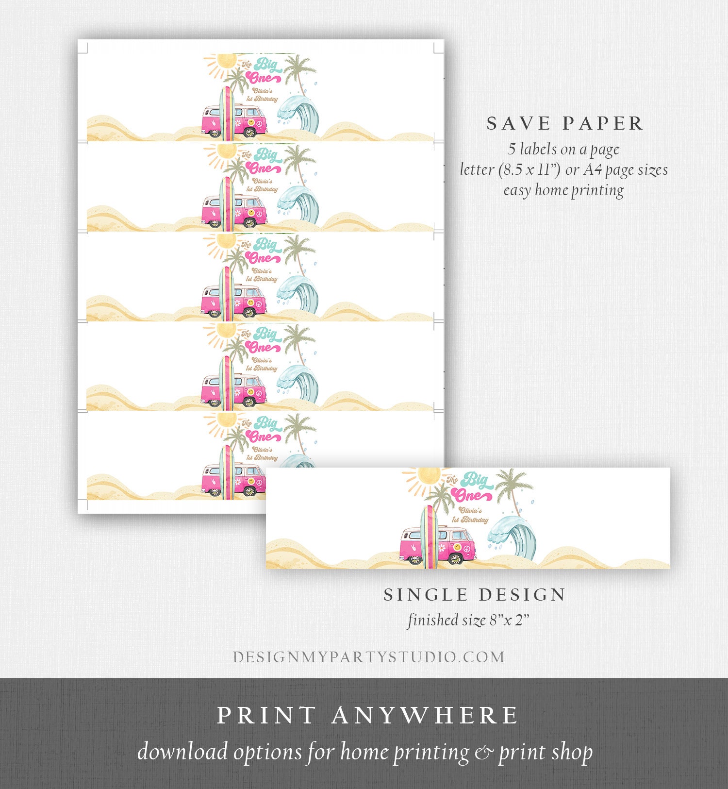 Editable Surf Water Bottle Labels the Big One Party Decor Surf - Etsy