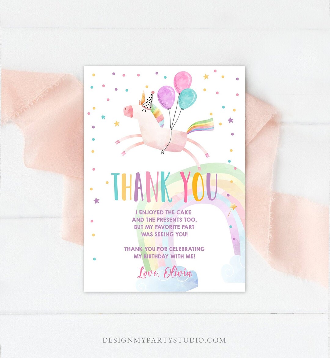 Editable Unicorn Thank You Card Girl Birthday Thank You Note Pink Gold ...