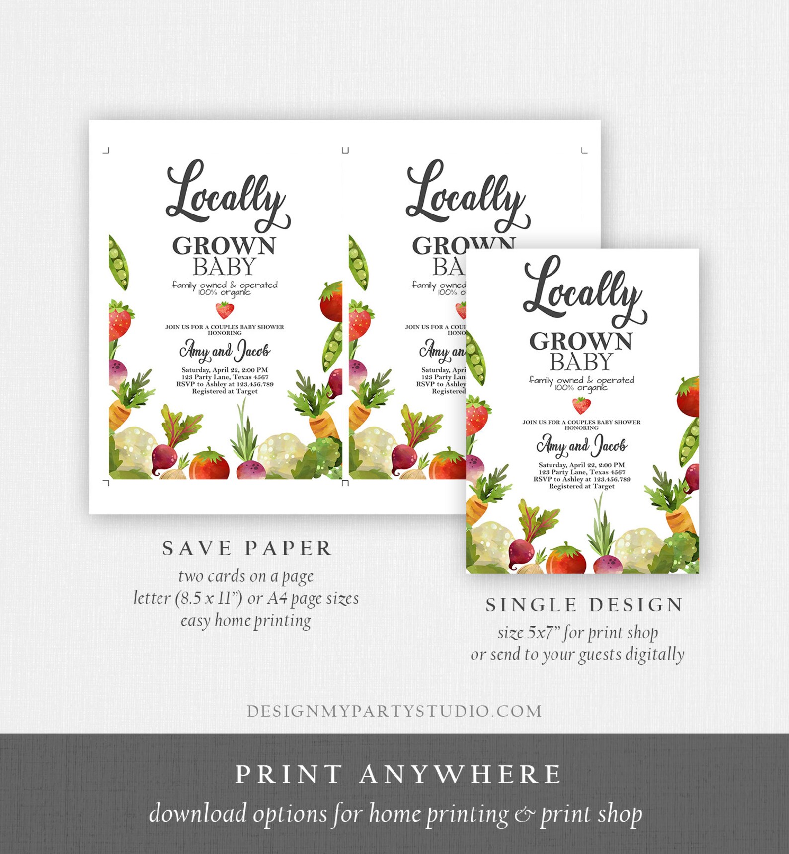 Editable Locally Grown Baby Shower Invitation Farmers Market Fruits and ...