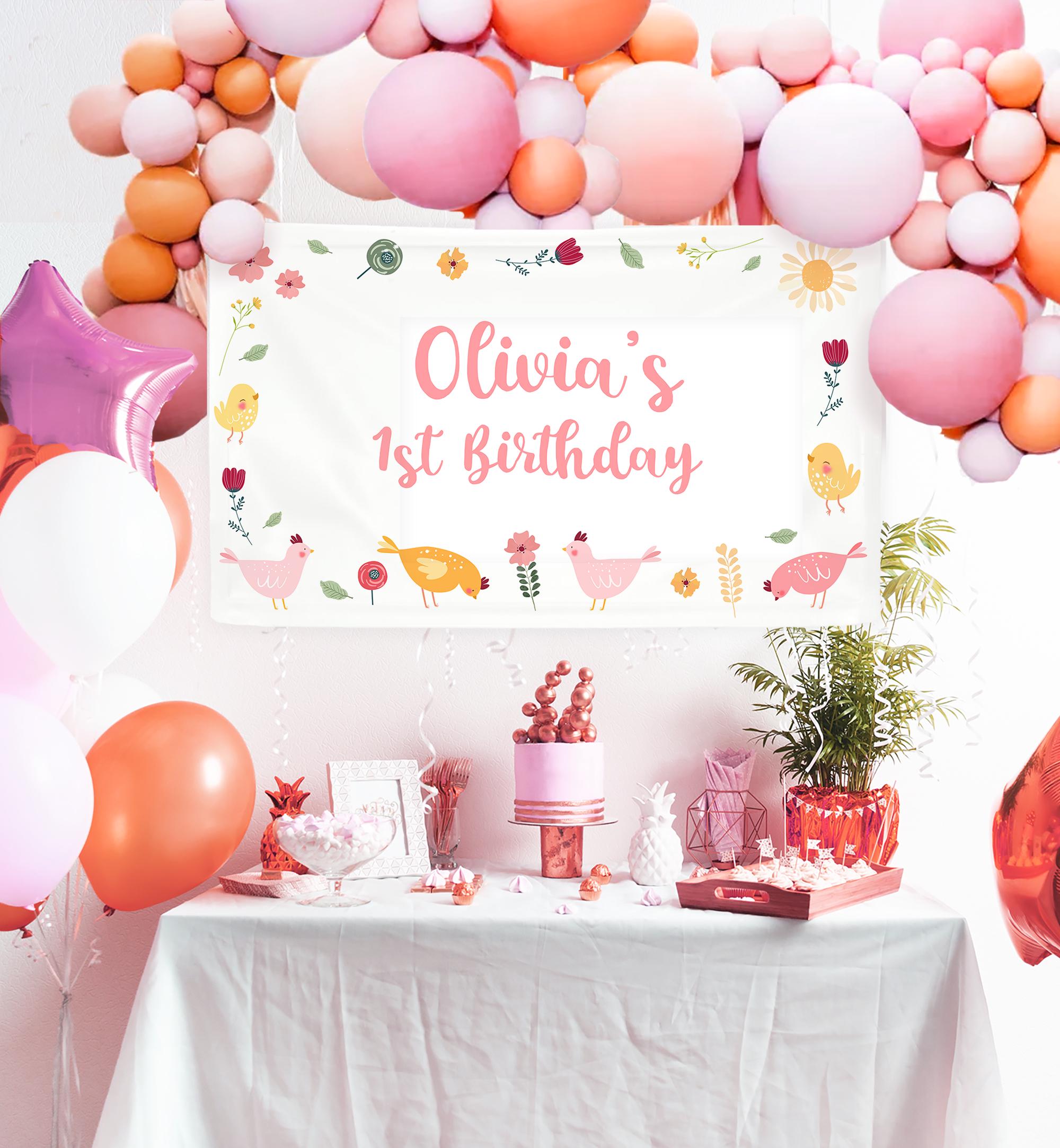 Editable Little Chicken Backdrop Banner Girl Birthday Party Spring Farm ...