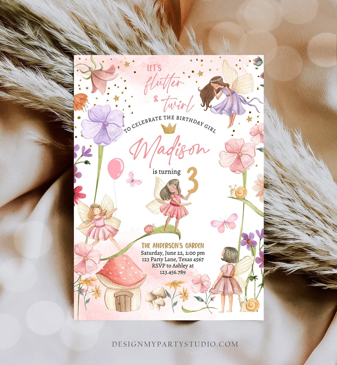 Editable Fairy Birthday Invitation Girl Pink Purple Floral Pixie Fairy ...