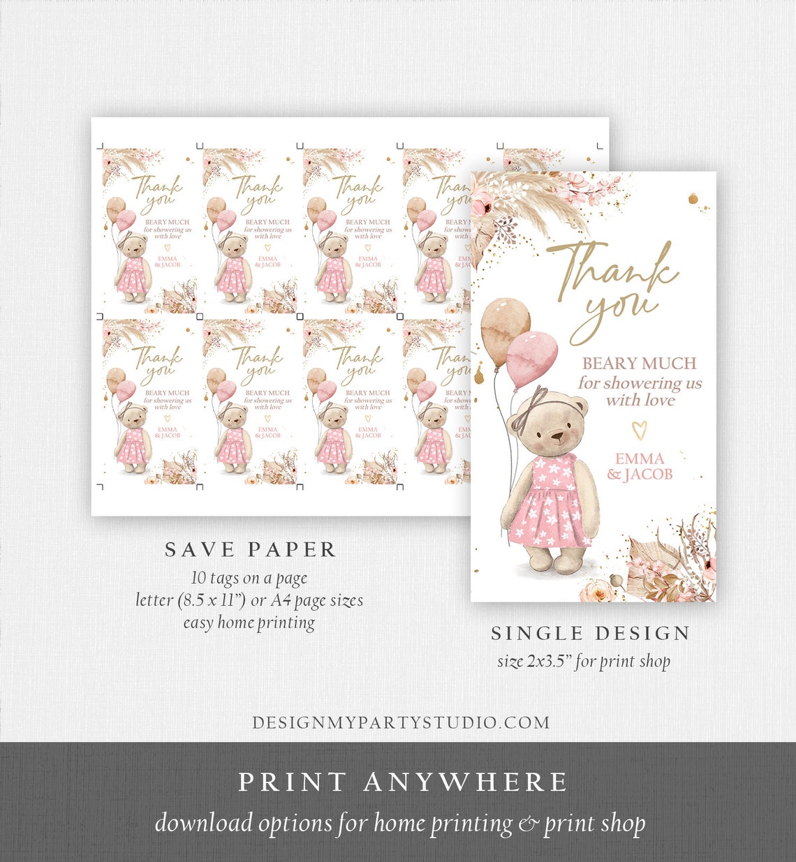 Editable Boho Teddy Bear Favor Tags Thank You Beary Much Tag - Etsy