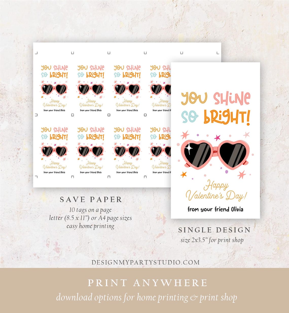 Editable Sunglasses Valentines Tag Valentines Glasses You Shine Bright ...