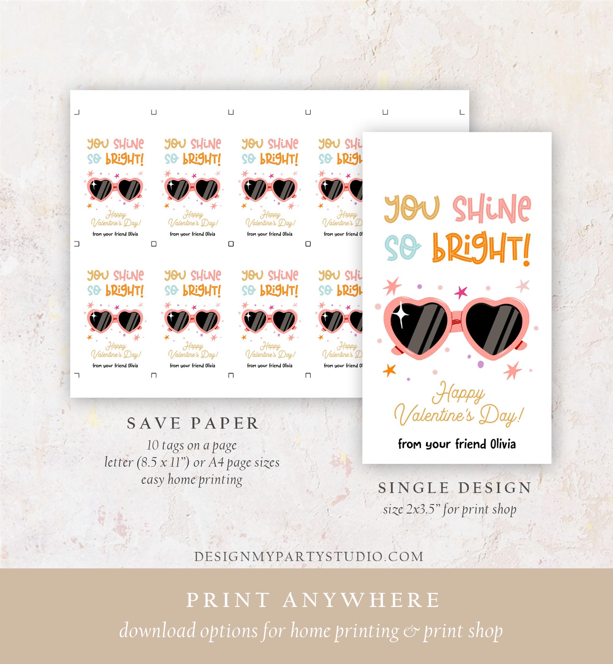 Editable Sunglasses Valentines Tag Valentines Glasses You Shine Bright ...