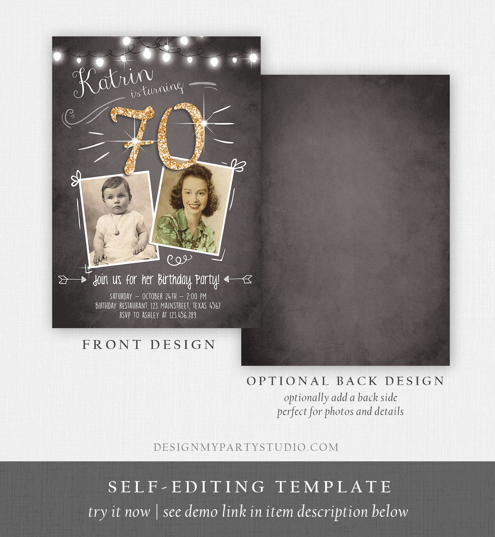 Editable 70th Birthday Invitation Any Age Chalkboard Rustic Etsy