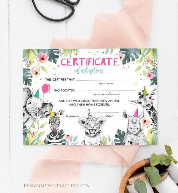 Adopt an Animal Adoption Certificate Safari Animals Adoption Wild One ...