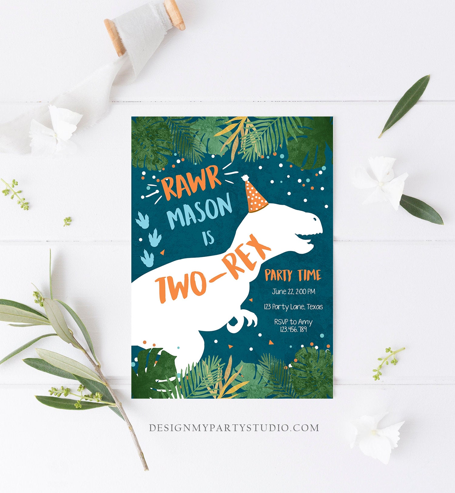 Editable Two-rex Dinosaur Birthday Invitation Dino T-rex Boy | Etsy