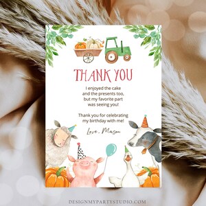 Editable Farm Animals Thank You Card Pumpkin Boy Green Tractor Farm ...