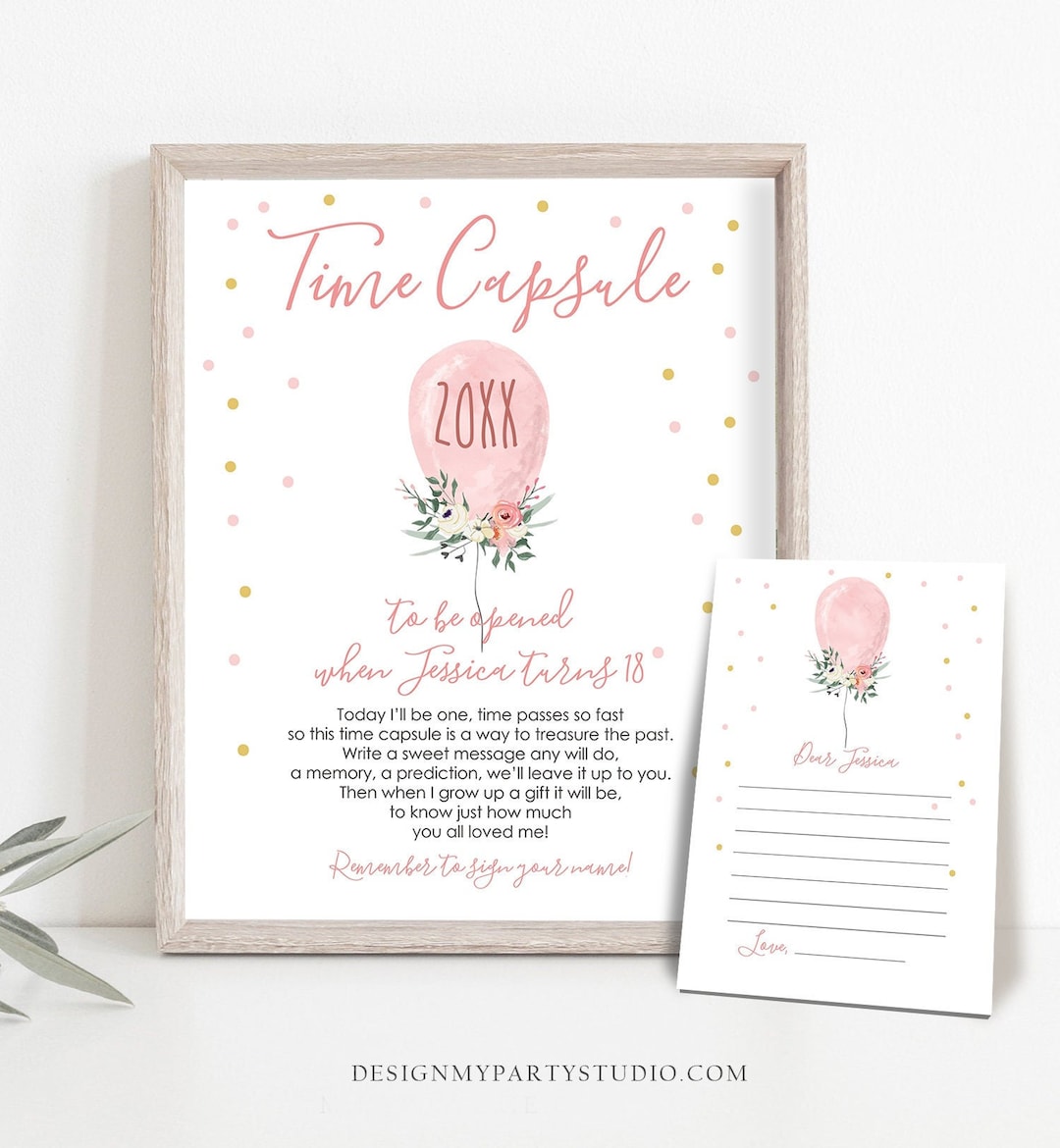 Editable Time Capsule First Birthday Girl Floral Balloon Pink Gold Girl ...