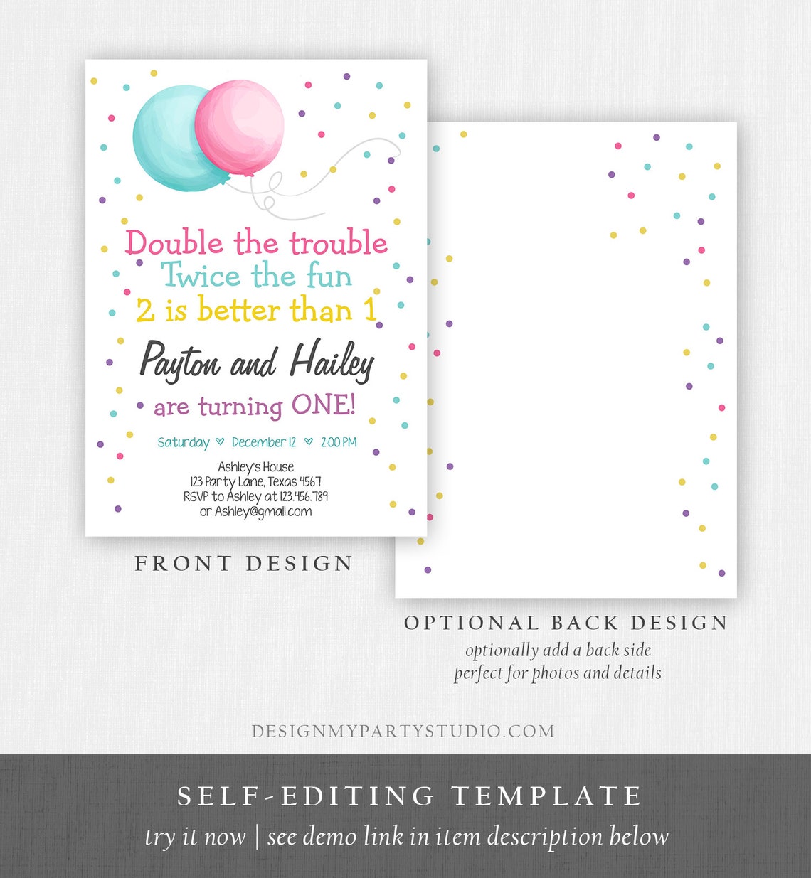 Editable Joint Twin Birthday Invitation Twins Birthday Party Dual Joint ...