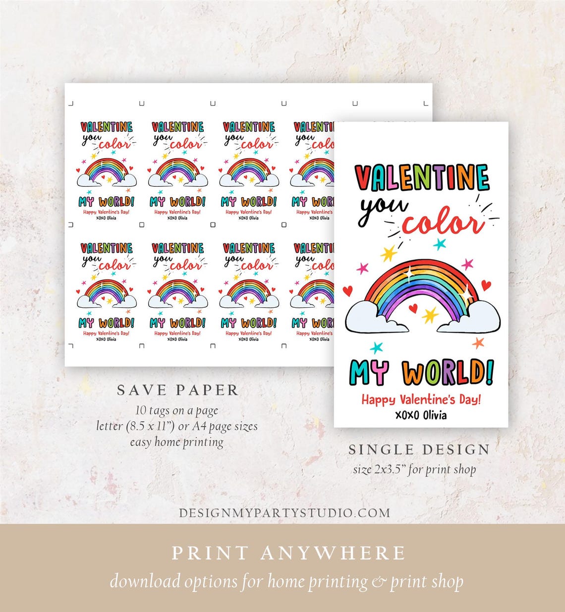 Editable Rainbow Valentine's Day Gift Tag You Color My World Valentine ...