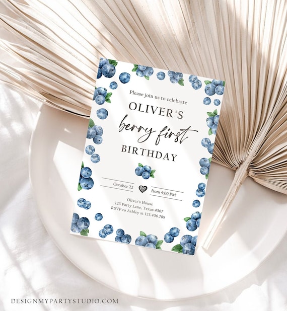 Editable Blueberry Birthday Invitation First Birthday Berry Sweet Boy ...