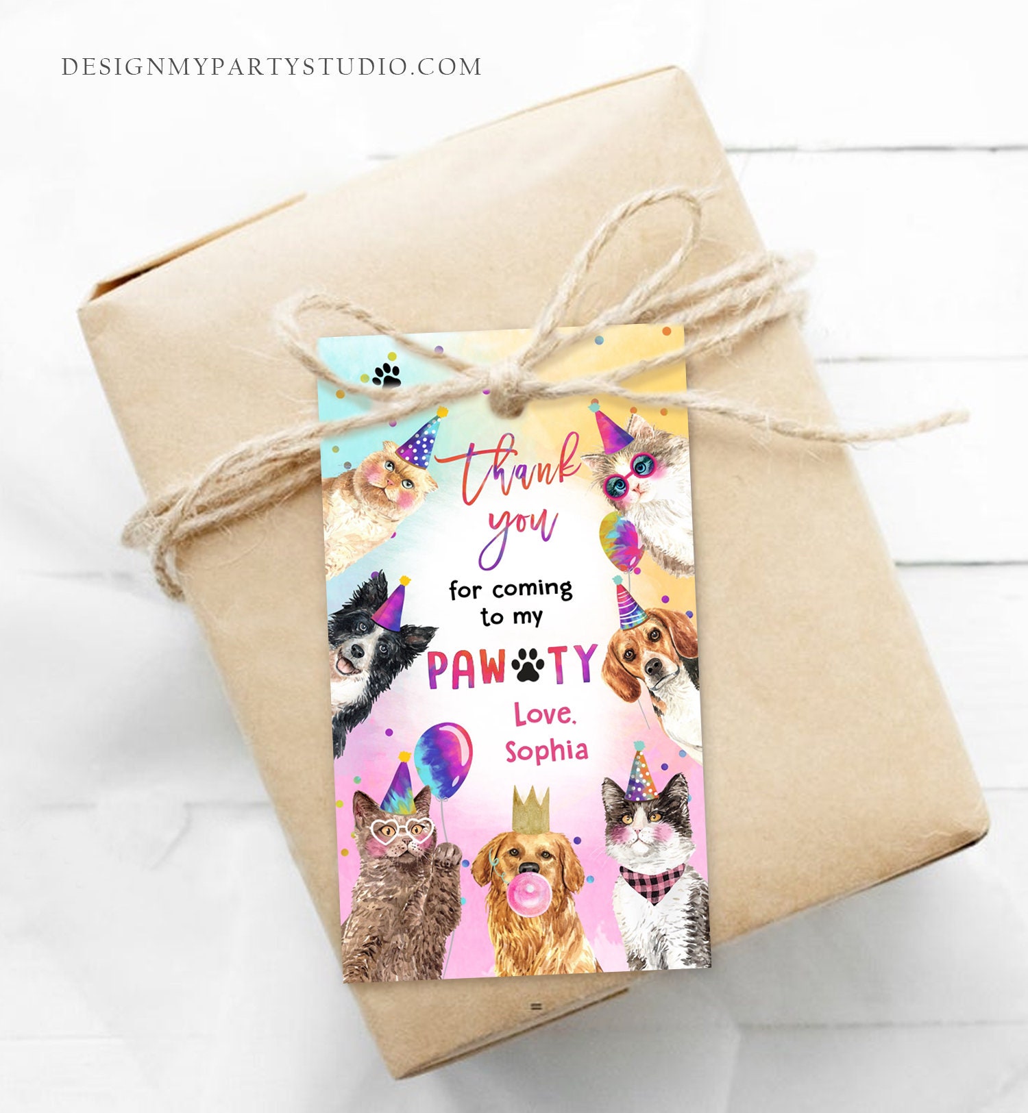 Editable Cats and Dogs Favor Tags Cat Birthday Thank You Tag Girl Puppy ...