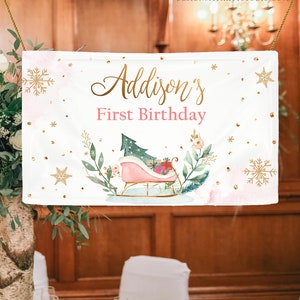 Editable Winter Birthday Backdrop Banner Pink Gold Winter Onederland ...