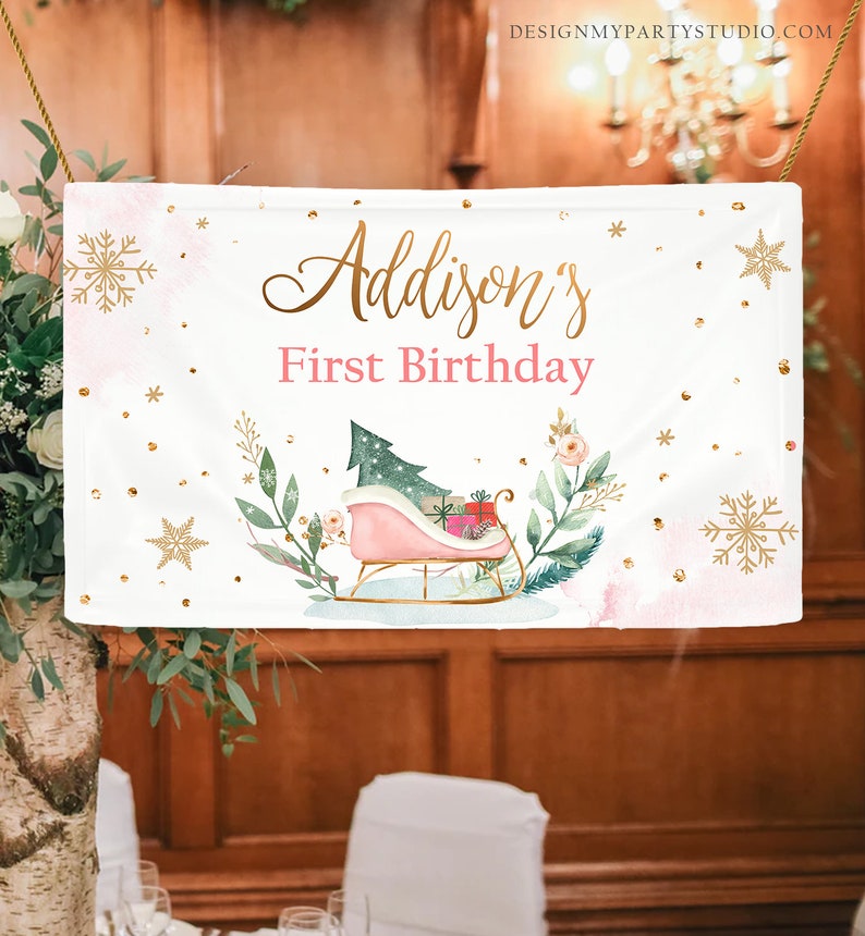 Editable Winter Birthday Backdrop Banner Pink Gold Winter - Etsy