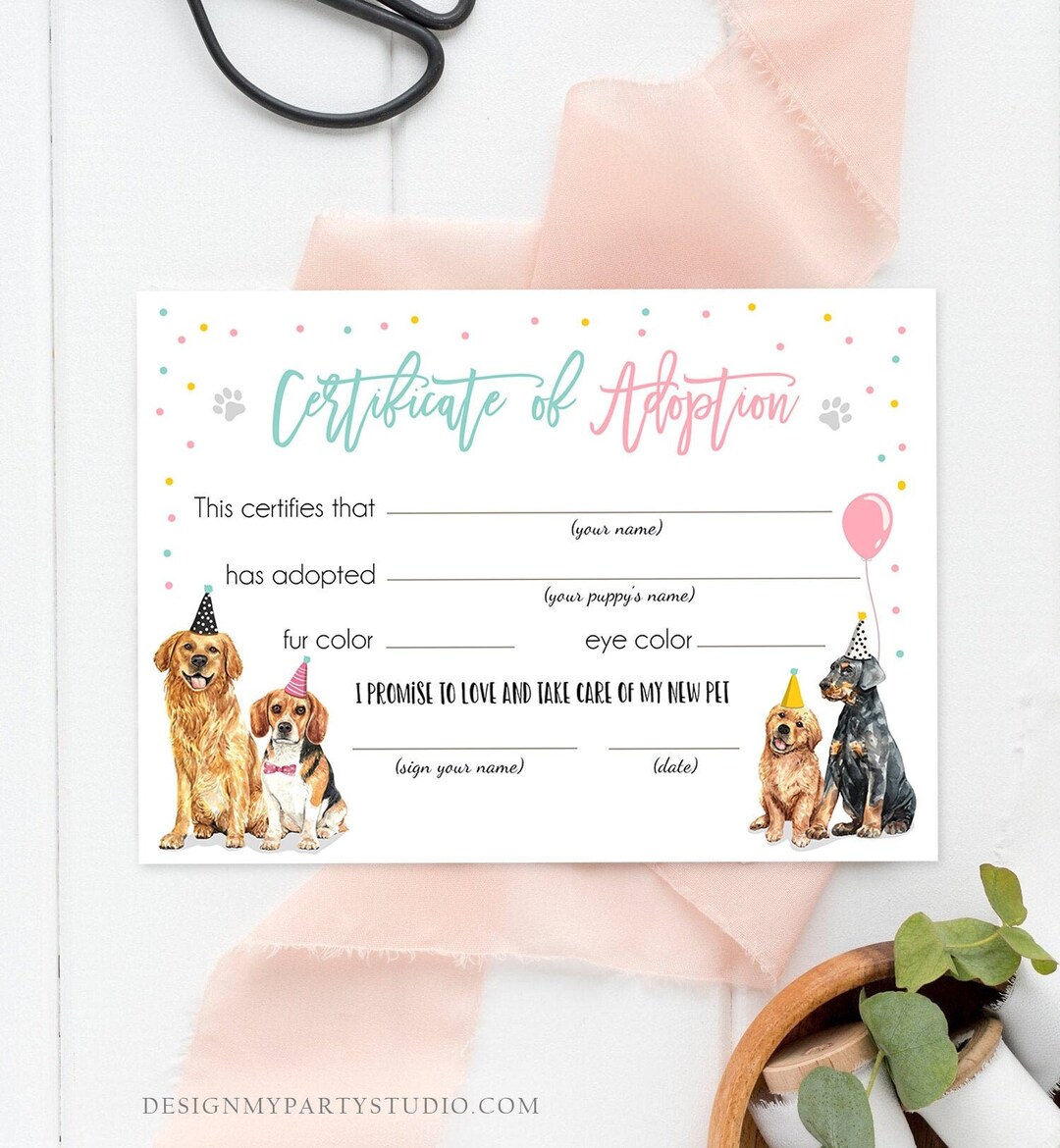 Pet Adoption Certificate Puppy Adoption Dog Birthday Party Adopt A Pet ...