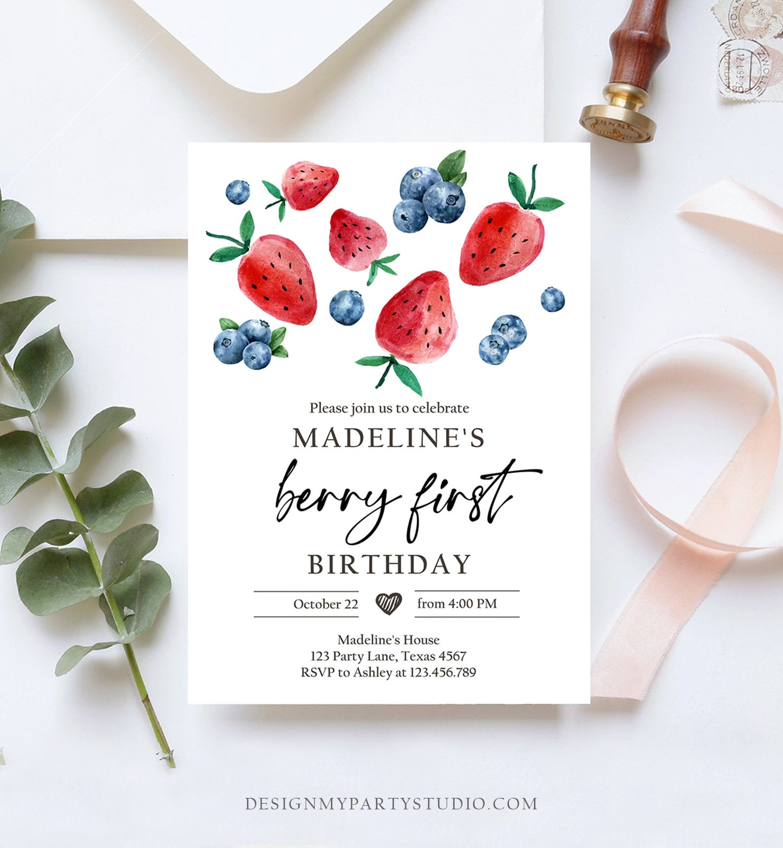 Editable Berry Sweet Birthday Invitation Blueberry Strawberry - Etsy