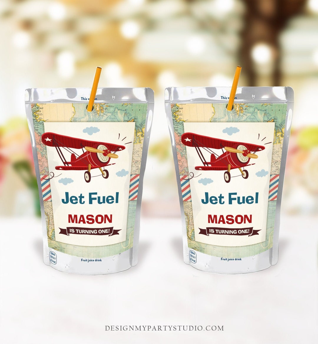 Editable Airplane Juice Pouch Label Juice Favors Vintage Airplane ...