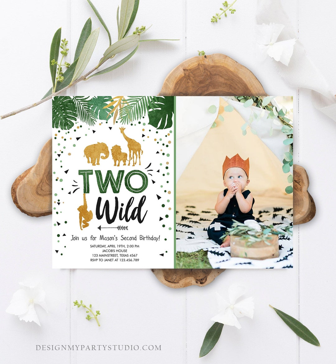 Editable Two Wild Birthday Invitation Safari Animals Wild Animals Black ...